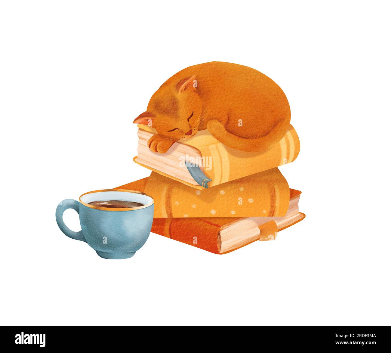 cozy composition. little red kitten sleeps on a pile of books, teacup ...
