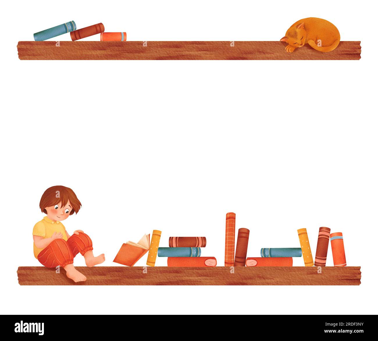 Rectangular frame with a bookshelf. The cartoon child character is ...