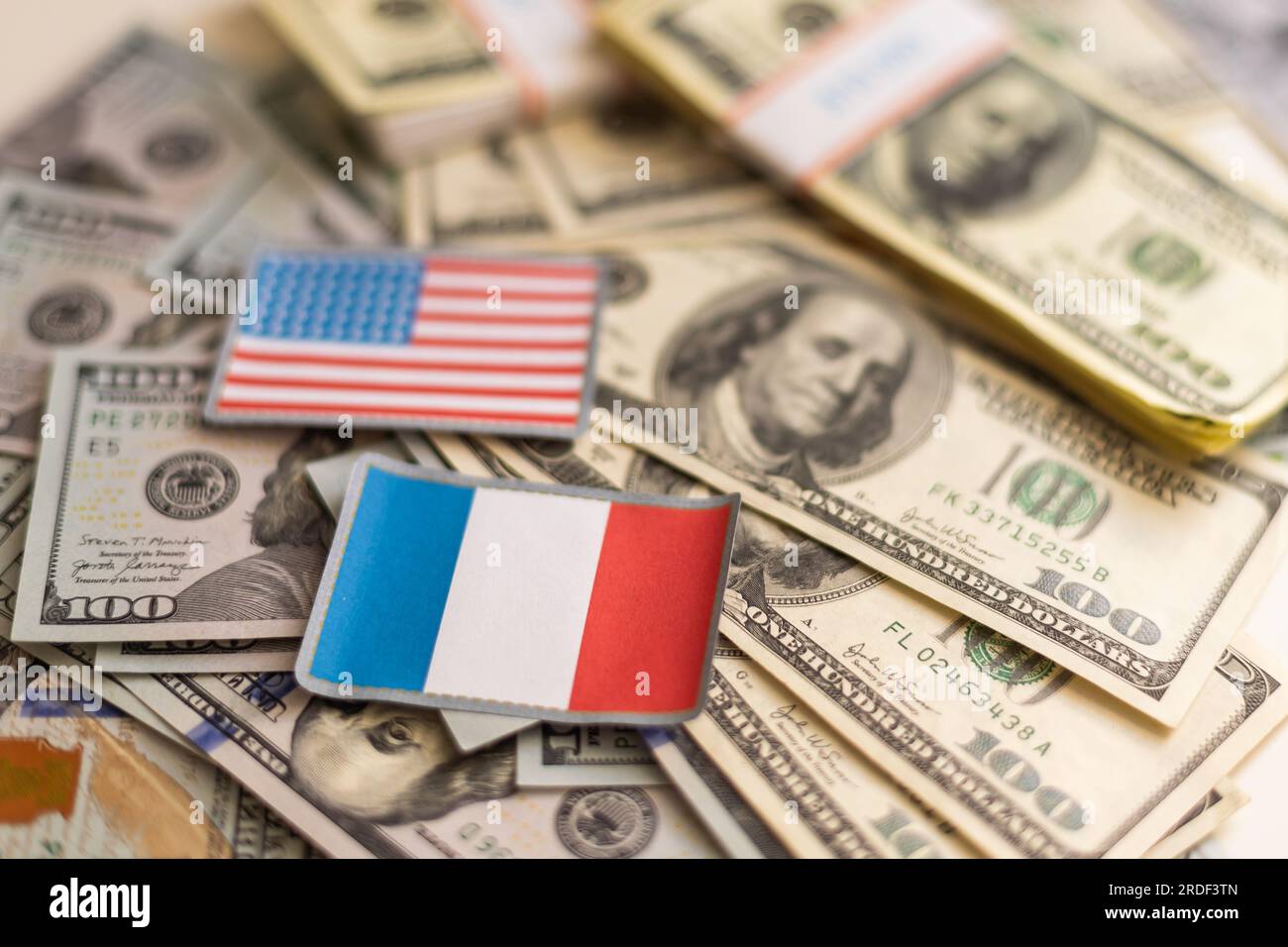us and france flags with euro and dollar banknotes mixed image Stock ...