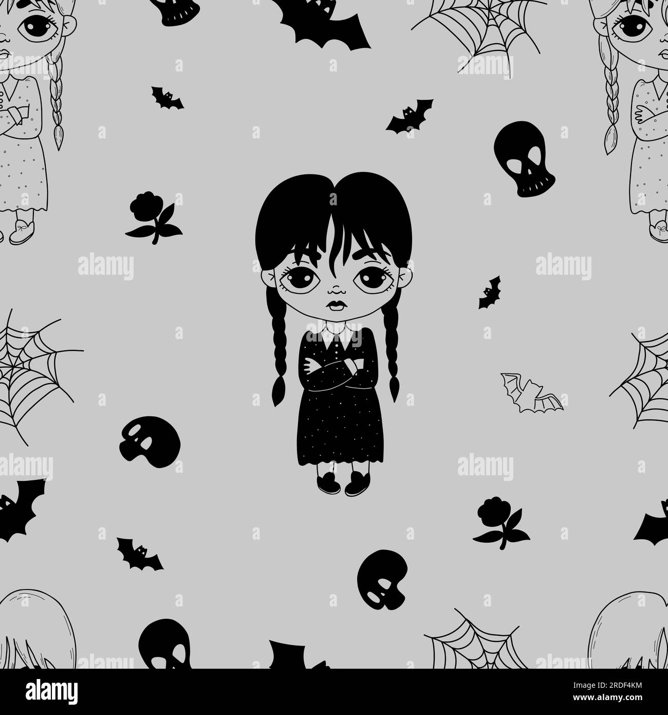 Wednesday. Seamless pattern Halloween with girls with braids with dress ...