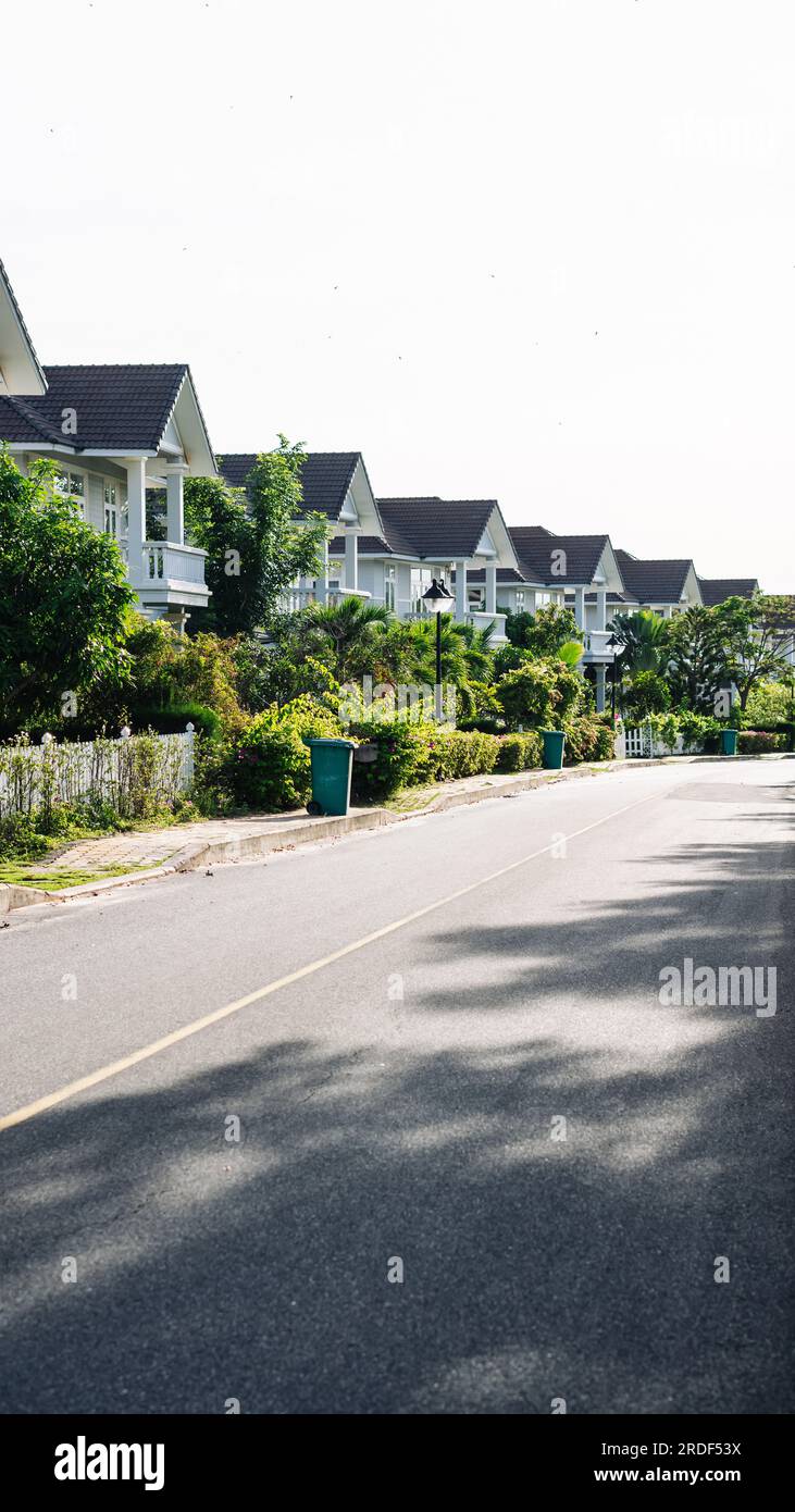 Modern cottages row road sidewalk two story buildings residential ...