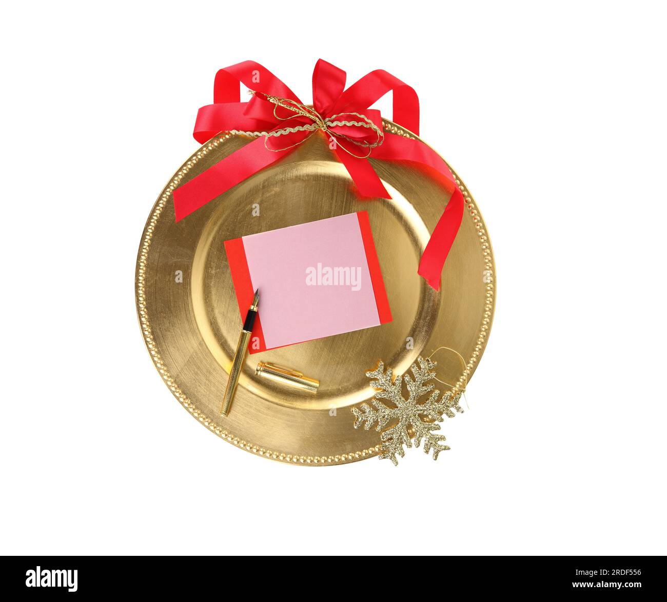 Christmas Greeting card template. Empty paper note in a gold plate ...