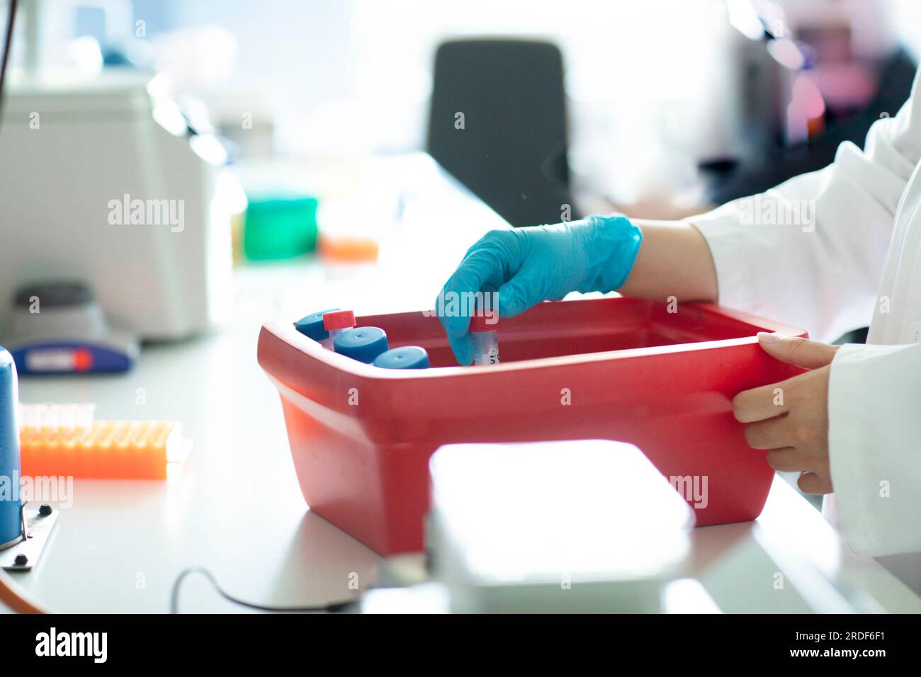 technician arm holding a tube in an icebox in laboratory Stock Photo ...