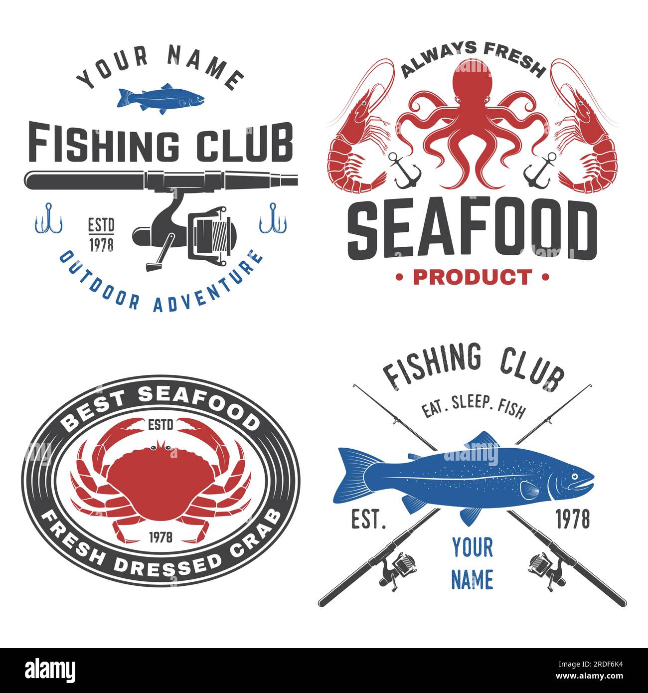 Set of fishing and seafood badges, logos, labels, sticker. Vector. For ...