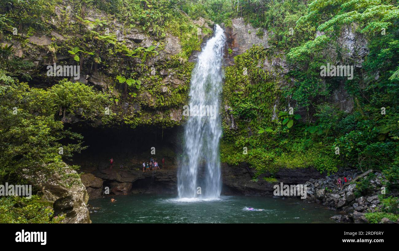 Aerial of the Tavoro Falls, Bouma National Park, Taveuni, Fiji, South ...