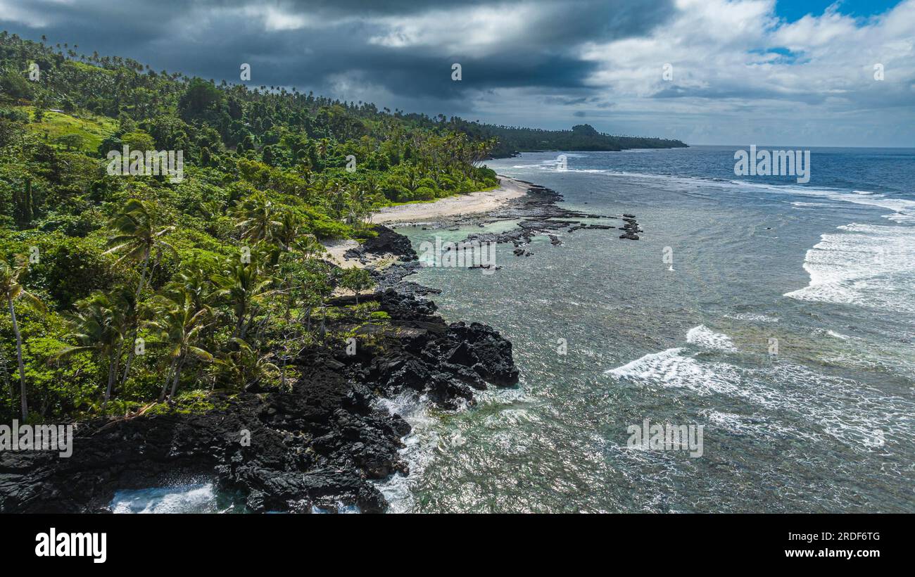 Aerial of the volcanic south coast, Taveuni, Fiji, South Pacific ...