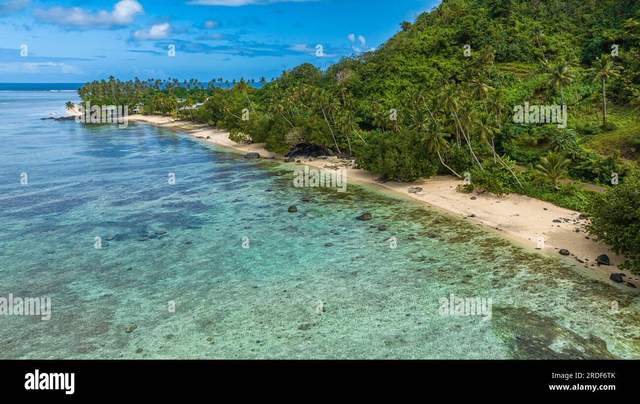 Aerial of the Lavena peninsula, Bouma National Park, Taveuni, Fiji ...