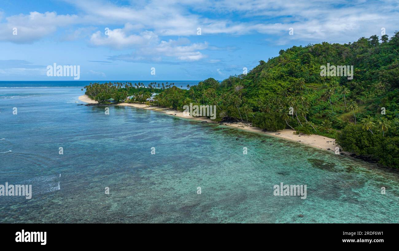 Aerial of the Lavena peninsula, Bouma National Park, Taveuni, Fiji ...