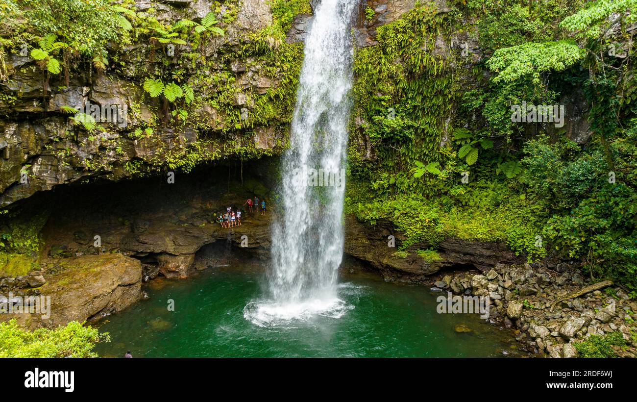 Aerial of the Tavoro Falls, Bouma National Park, Taveuni, Fiji, South ...