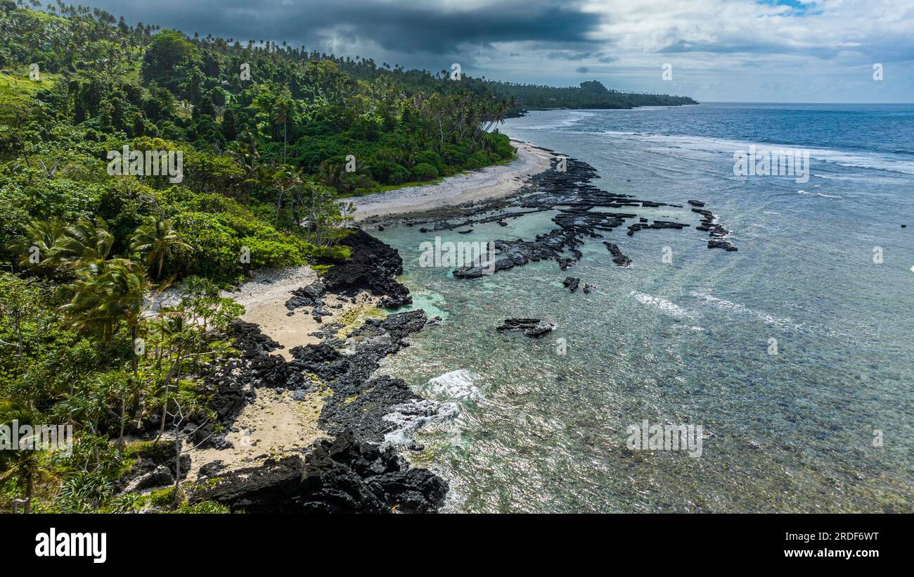 Aerial of the volcanic south coast, Taveuni, Fiji, South Pacific ...