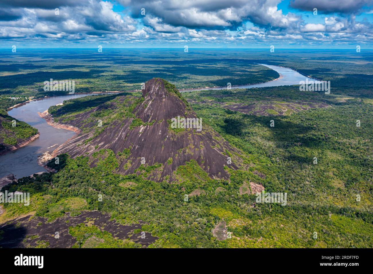 Aerial of the huge granite hills, Cerros de Mavecure, Eastern Colombia ...