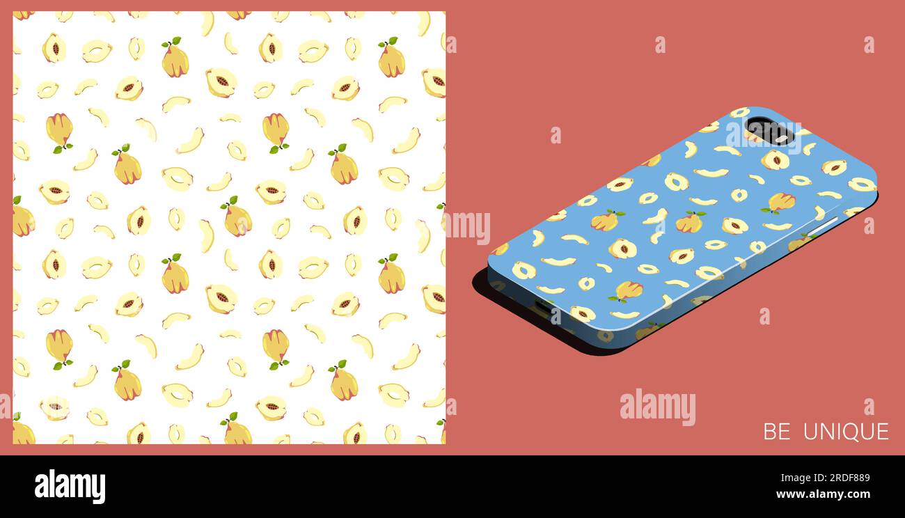 Modern smartphone in unique case decorated seamless pattern with Quince ...