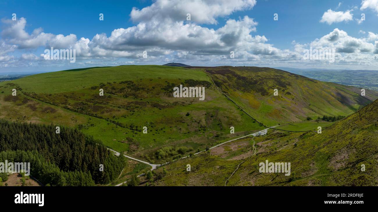 Moel Arthur walking area, in the distance Moel Famau monument, drone ...
