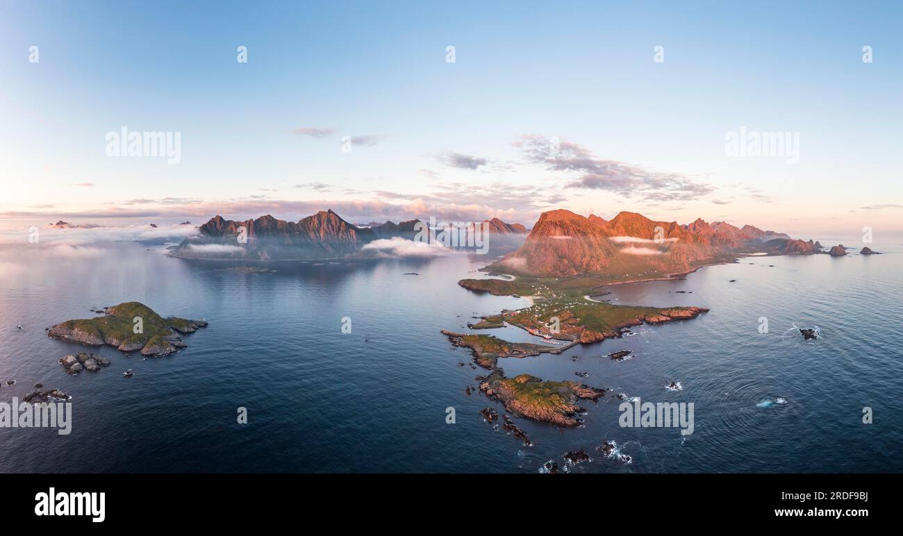 Fishing village Hovden, coast, fjords and mountains, Langoya island ...