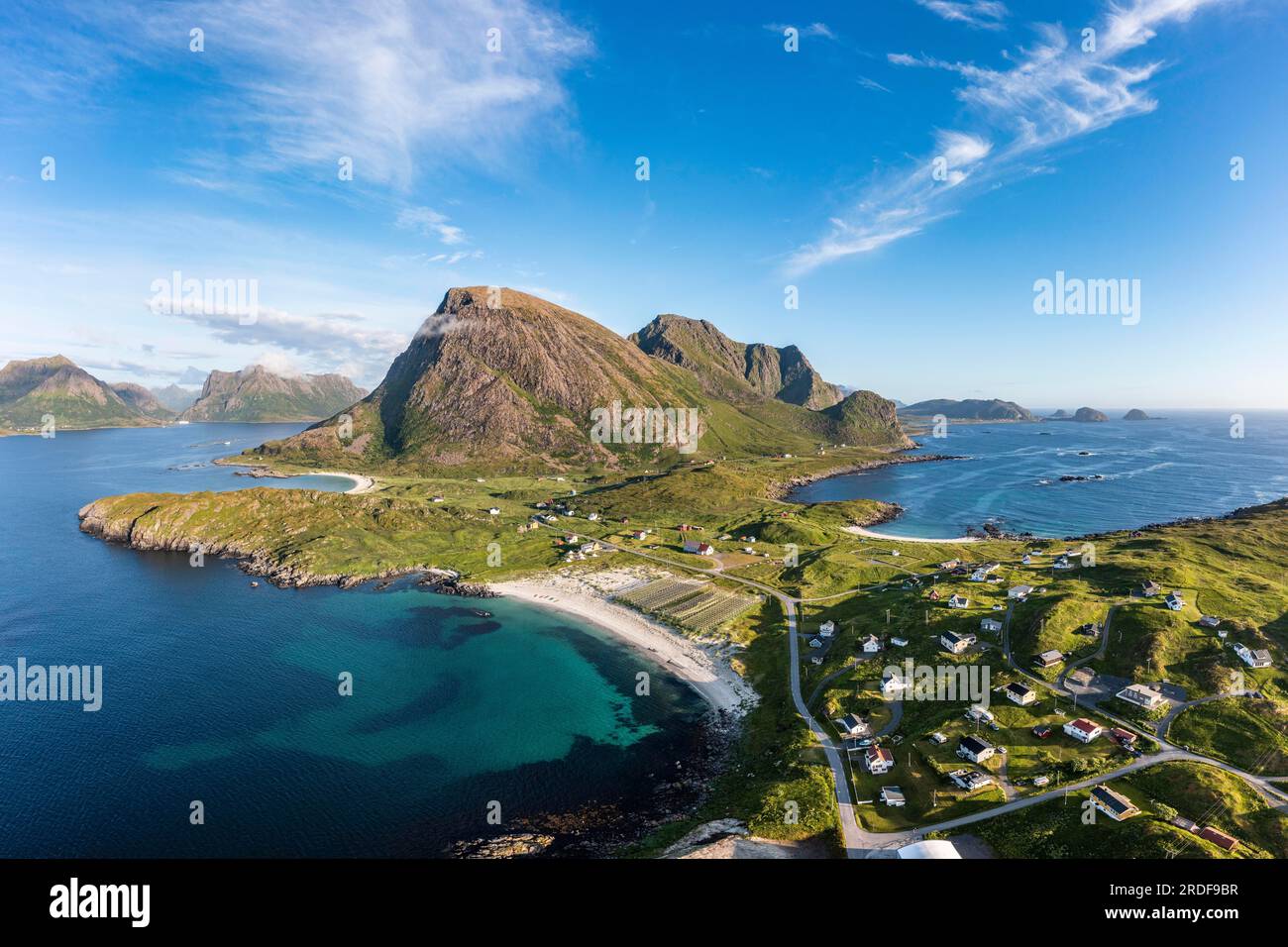 Fishing village Hovden, coast, fjords and mountains, Langoya island ...