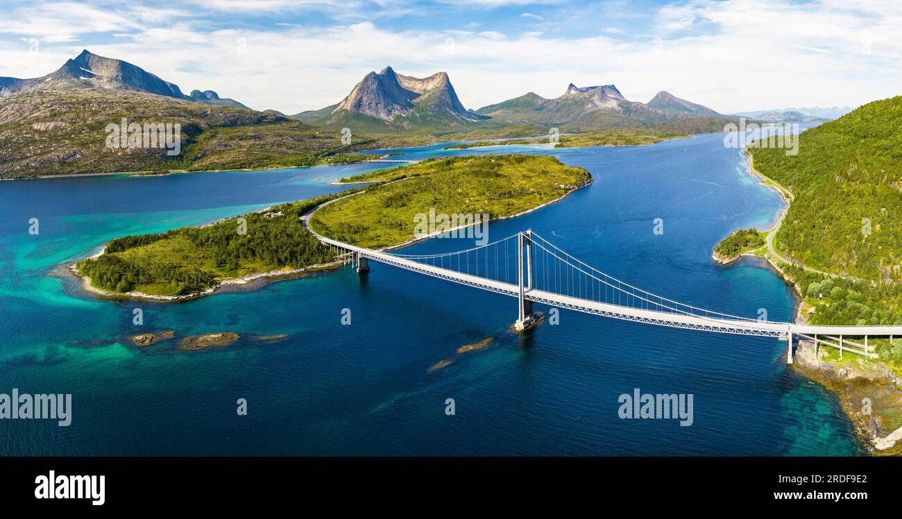 Fjord with islands in front of Bergen, Mount Stortinden, bridge over ...