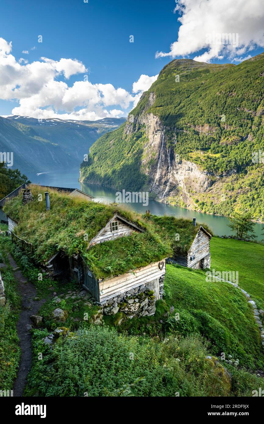 Old farm buildings Skagefla and Geirangerfjord, near Geiranger, More og ...