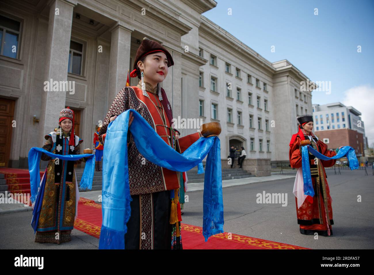 Ulaanbaatar, Mongolia. 1 Jun 2023. Mongolian ladies are greeting ...