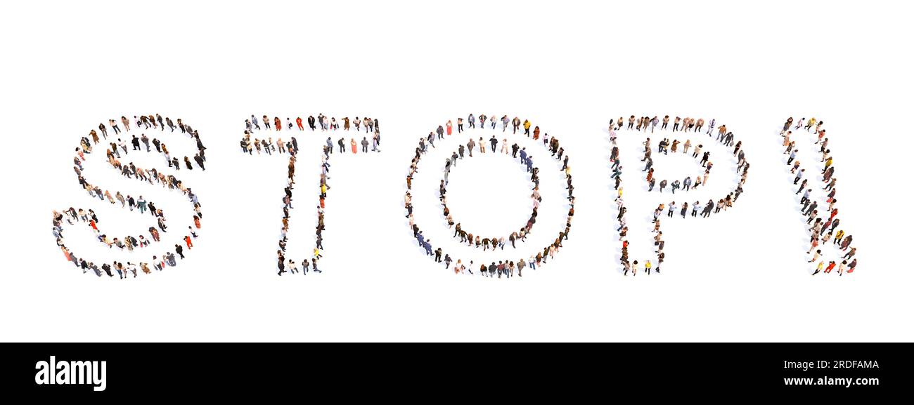 Concept or conceptual large community of people forming the word STOP ...
