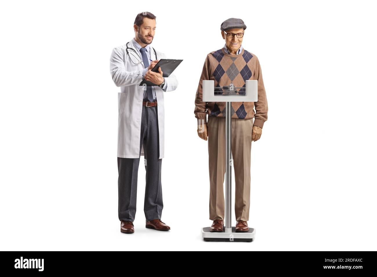 Doctor checking weight of an elderly man isolated on white background ...