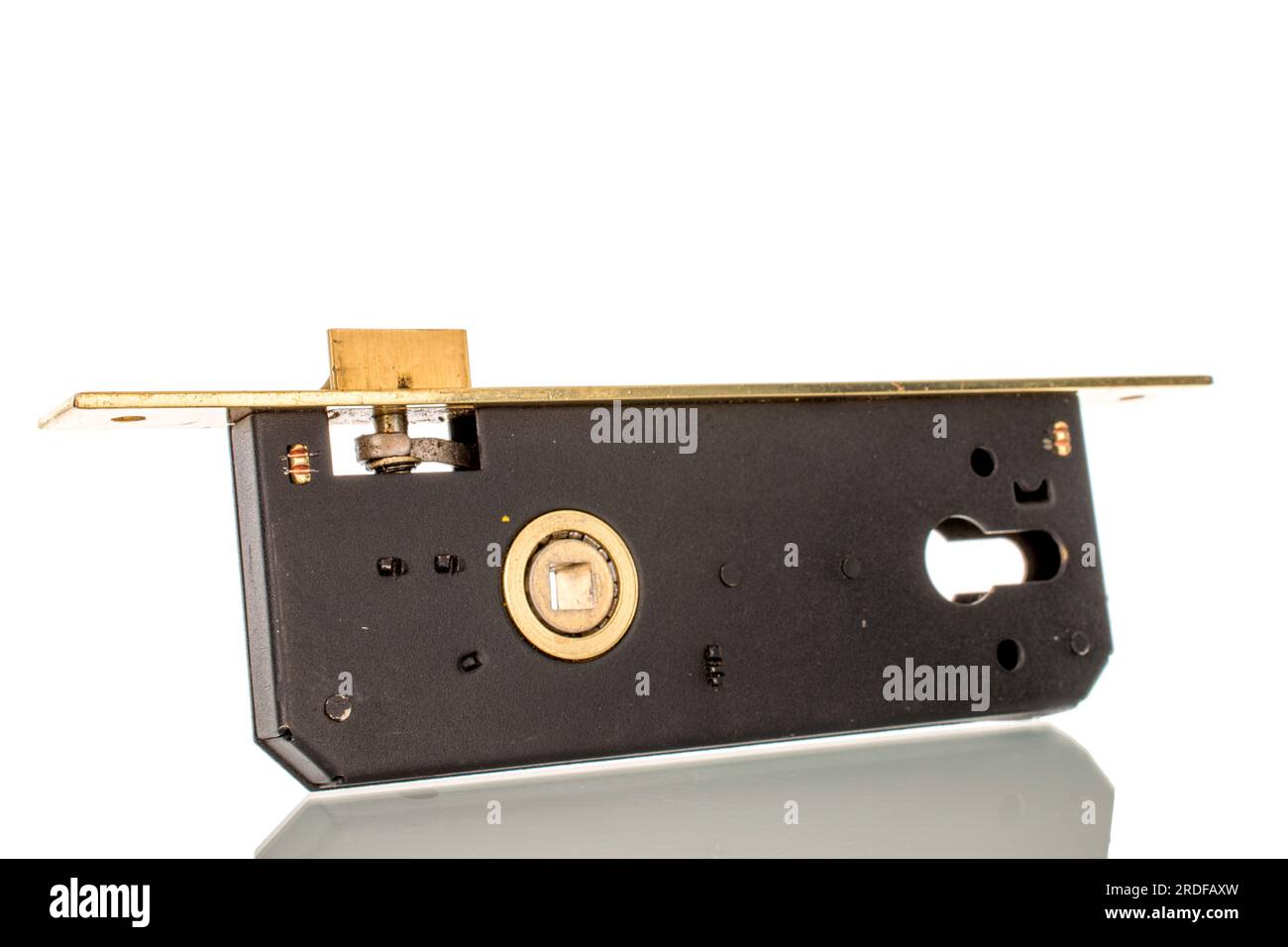 One mortise metal lock, macro, isolated on white background Stock Photo ...