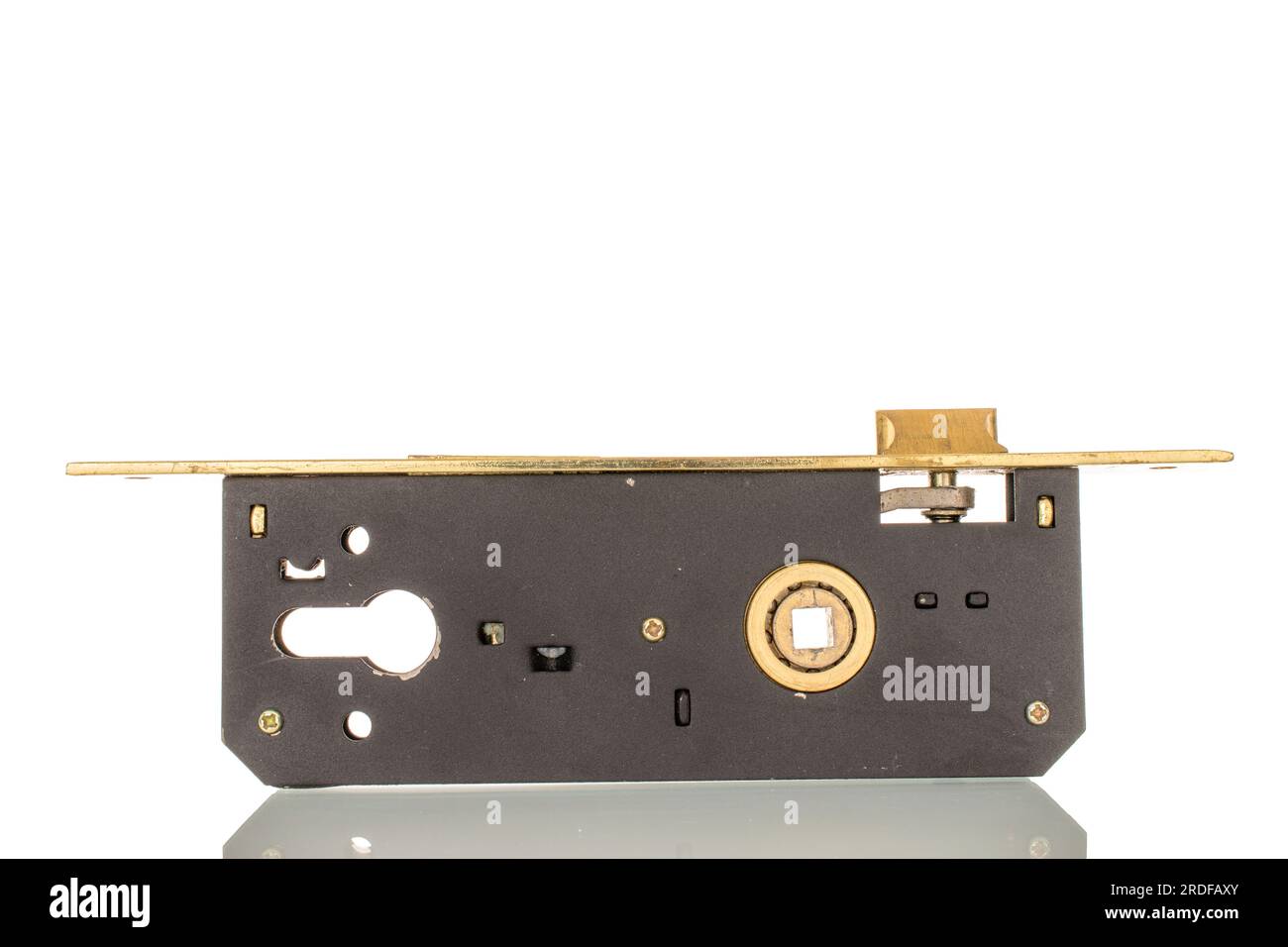 One mortise metal lock, macro, isolated on white background Stock Photo ...