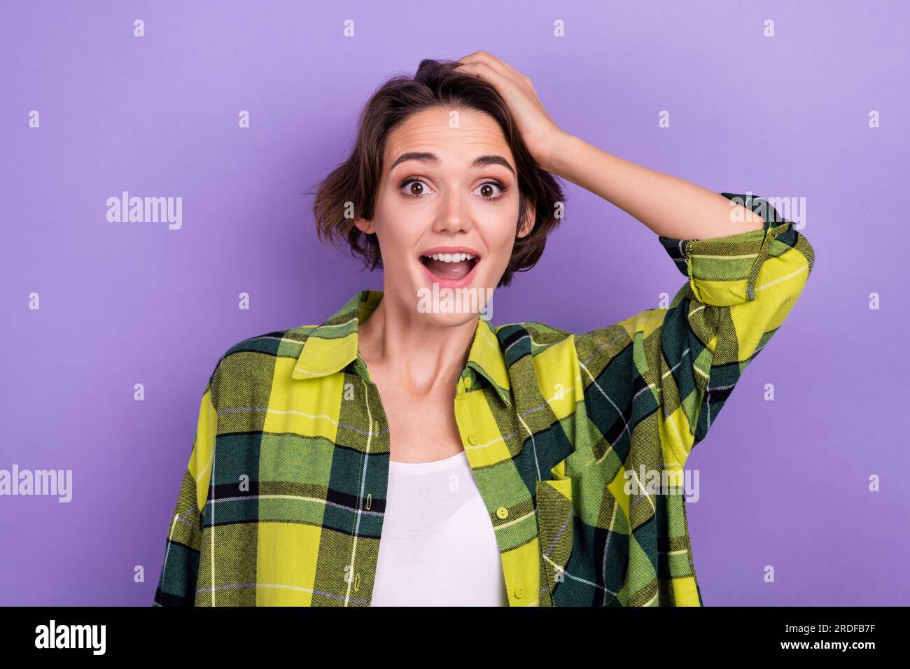 Photo of impressed reaction funny young lady hand head staring ...