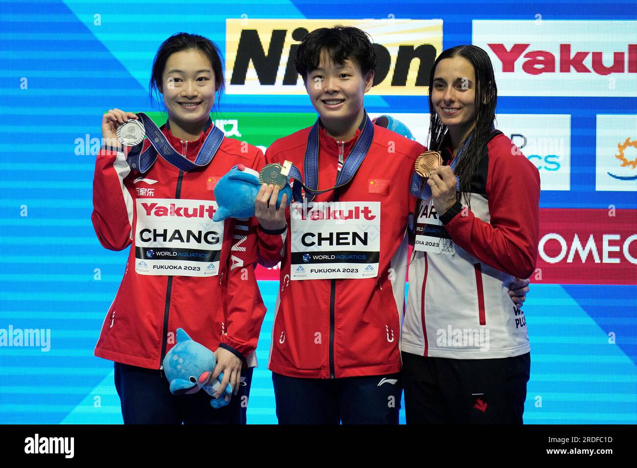 Medalists, from left to right, Chang Yani of China, silver, her ...