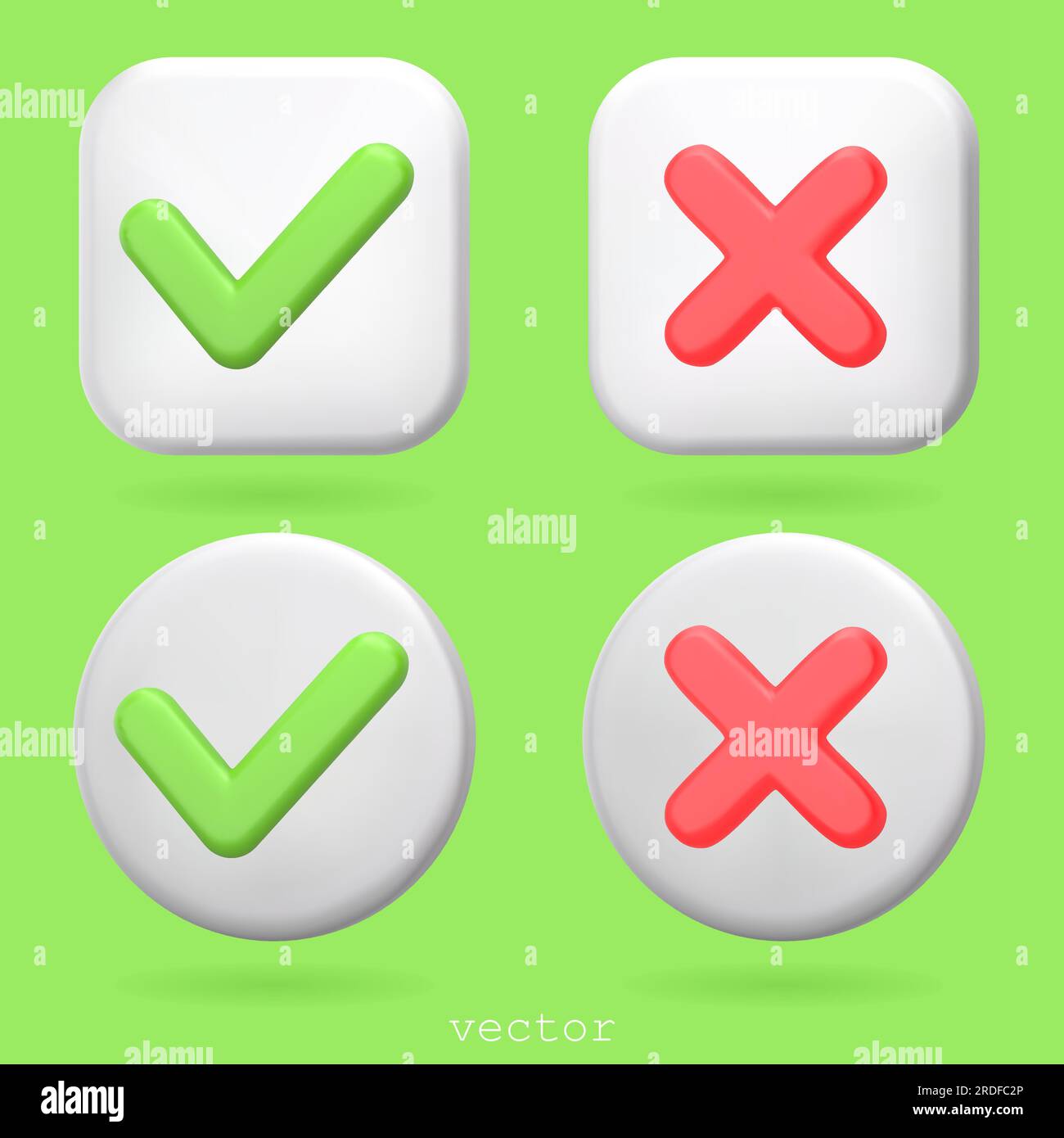 3D vector correct and incorrect sign or check mark box frame with green tick and red cross ...