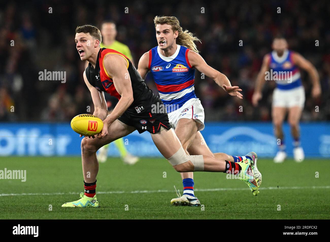 Melbourne, Australia. 21st July, 2023. Jordan Ridley of Essendon (left ...