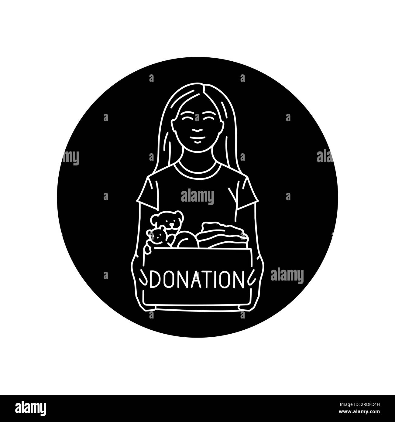 Smiling girl with toys in box black line icon. Pictogram for web page ...