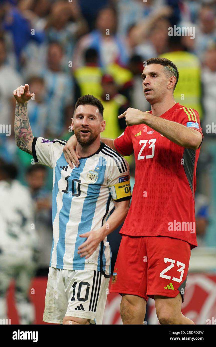 Lusail, Qatar, 10, December, 2022. Lionel Messi and Emiliano Martinez ...
