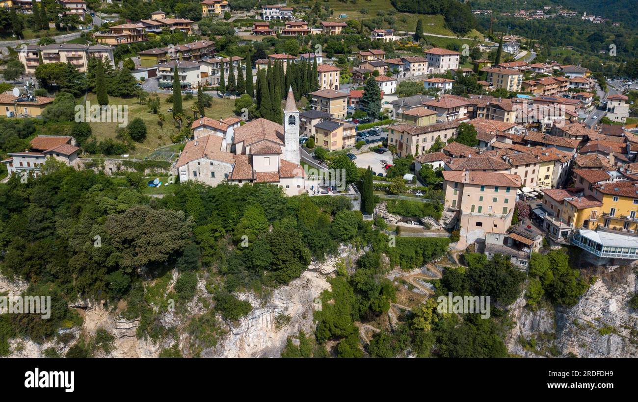 View of village resort Tremosine in the middle Catholic church Chiesa ...