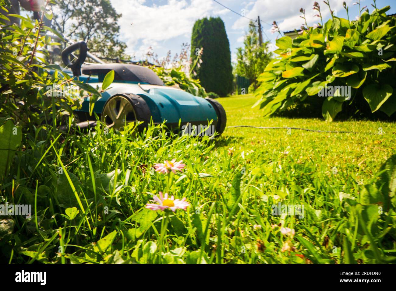 Lawn mover on green grass in modern garden or backyard. Machine for ...