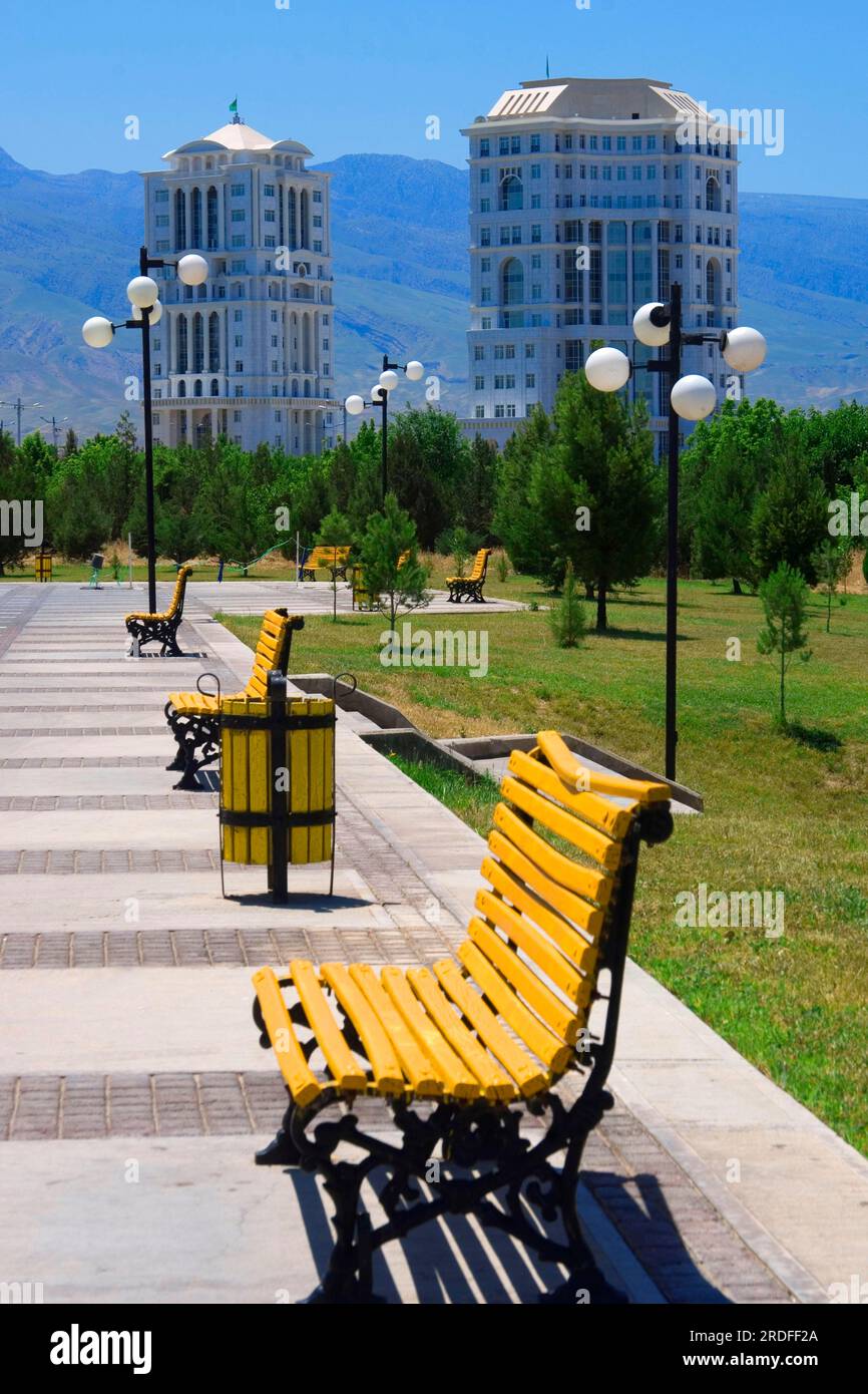 Benches, bench, Asgabat, in front of modern apartment buildings ...