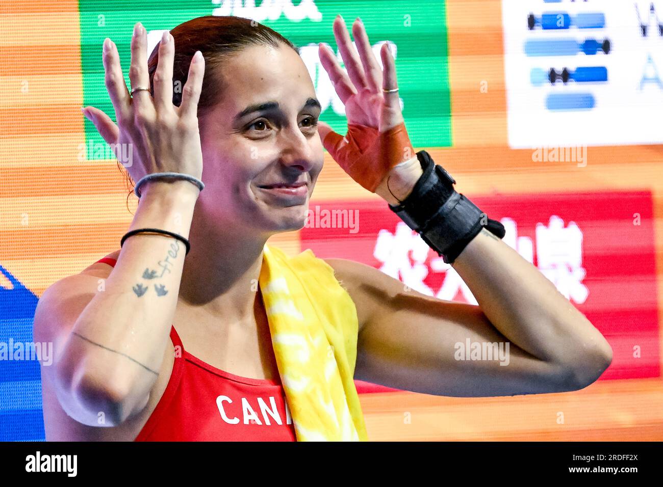 Fukuoka, Japan. 21st July, 2023. Pamela Ware of Canada reacts after ...