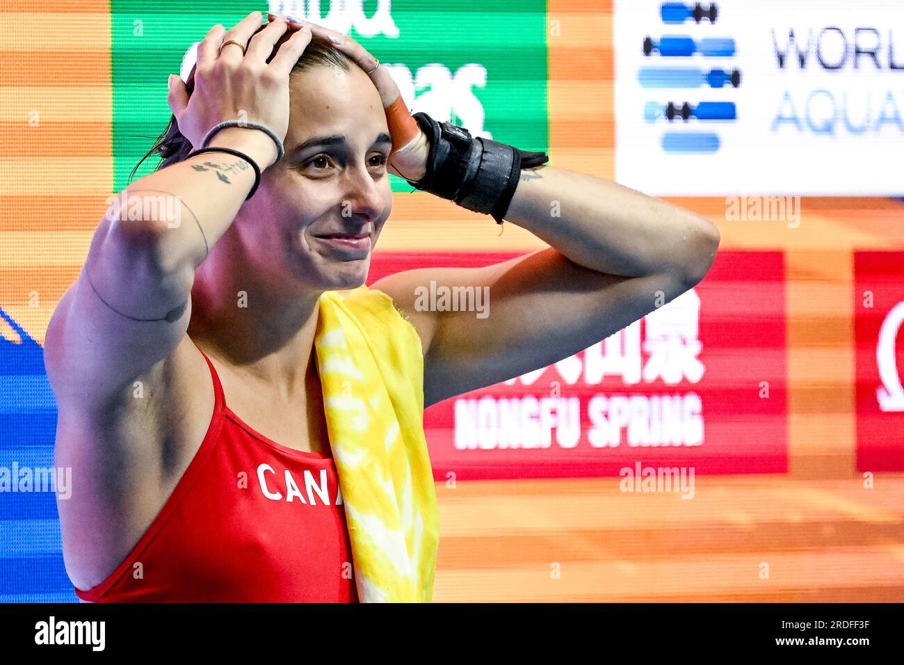 Fukuoka, Japan. 21st July, 2023. Pamela Ware of Canada reacts after ...