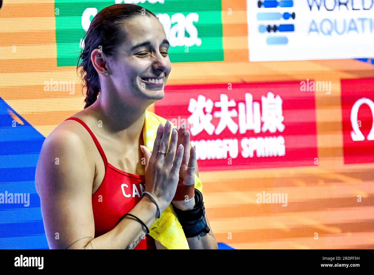 Fukuoka, Japan. 21st July, 2023. Pamela Ware of Canada reacts after ...