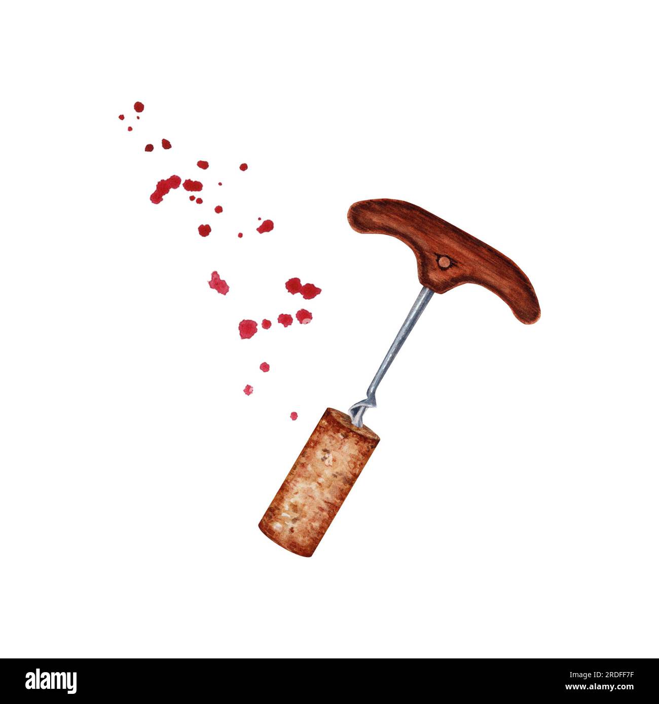 Wooden corkscrew with wine cork isolated on white background. Hand ...