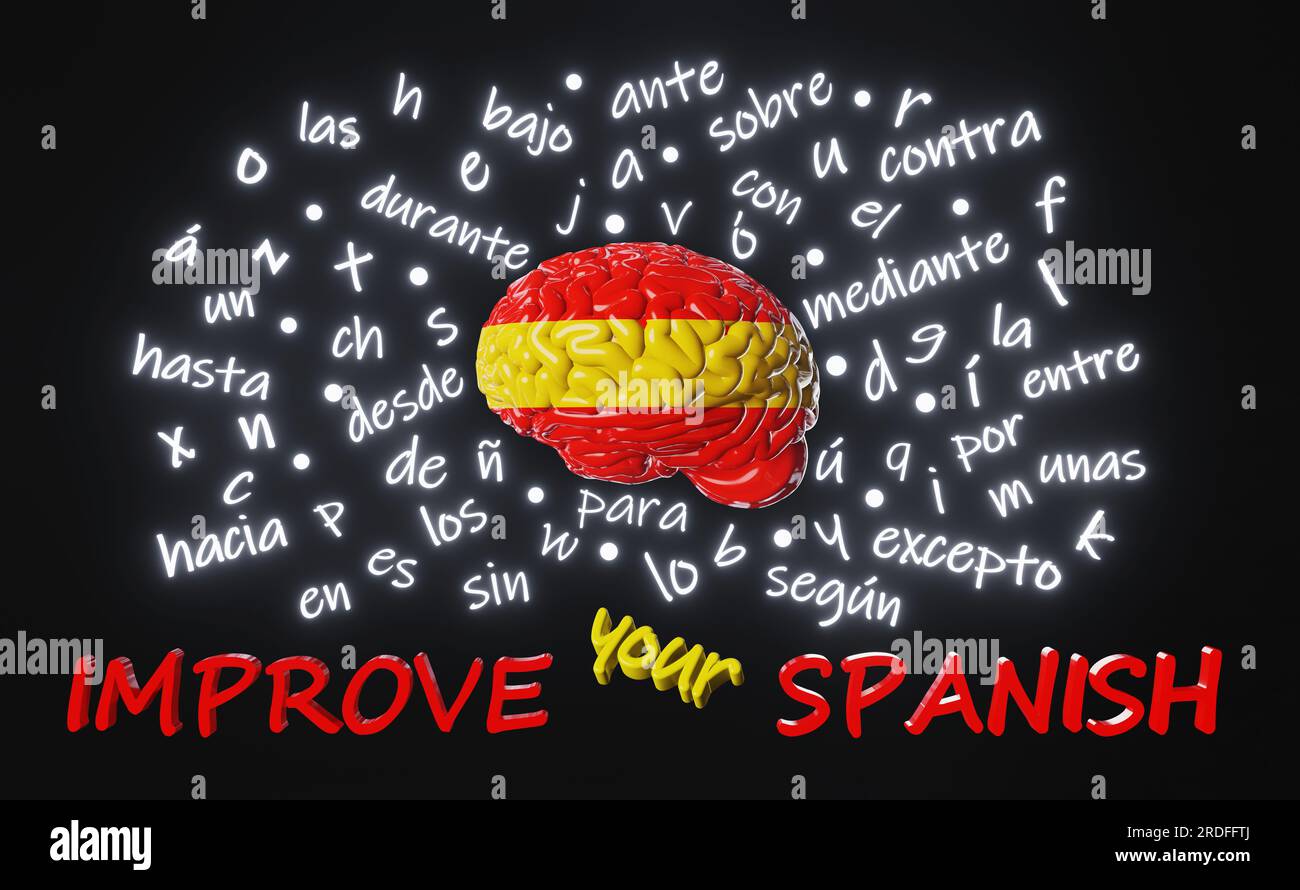 Spanish Learning Foreign language Improvement Human brain Spain flag color Letters articles word ...