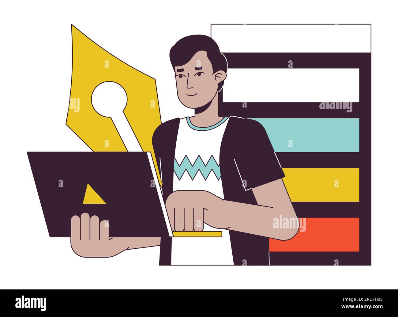 Handsome indian man typing on laptop flat line concept vector spot ...