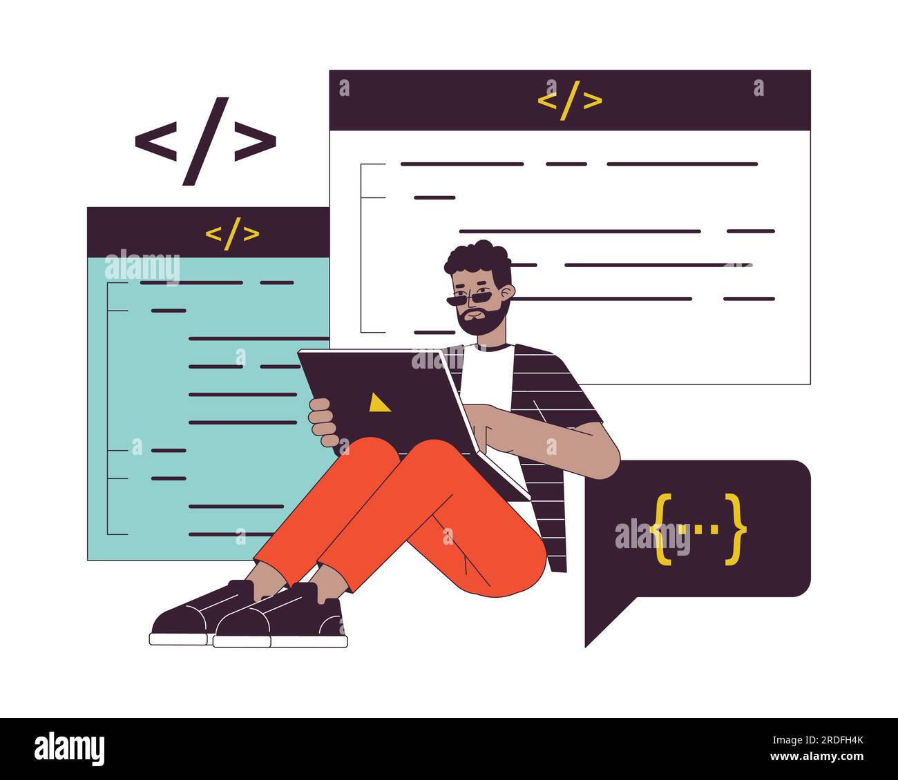 Programmer sitting with laptop flat line concept vector spot illustration Stock Vector Image ...