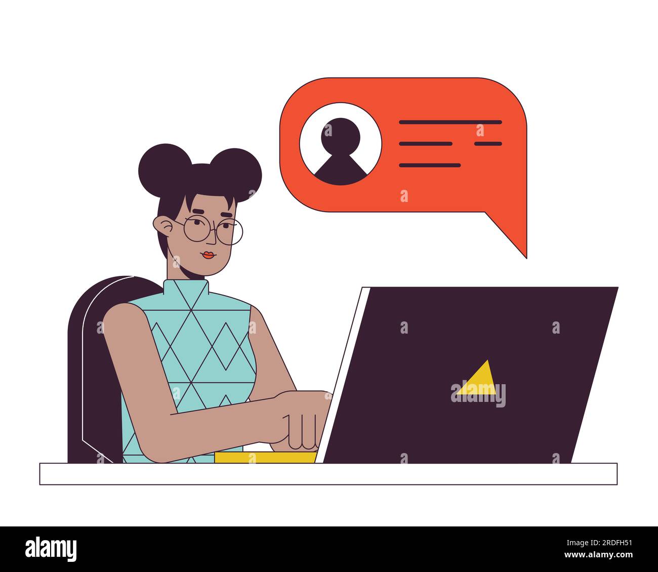 African american freelance girl flat line concept vector spot ...