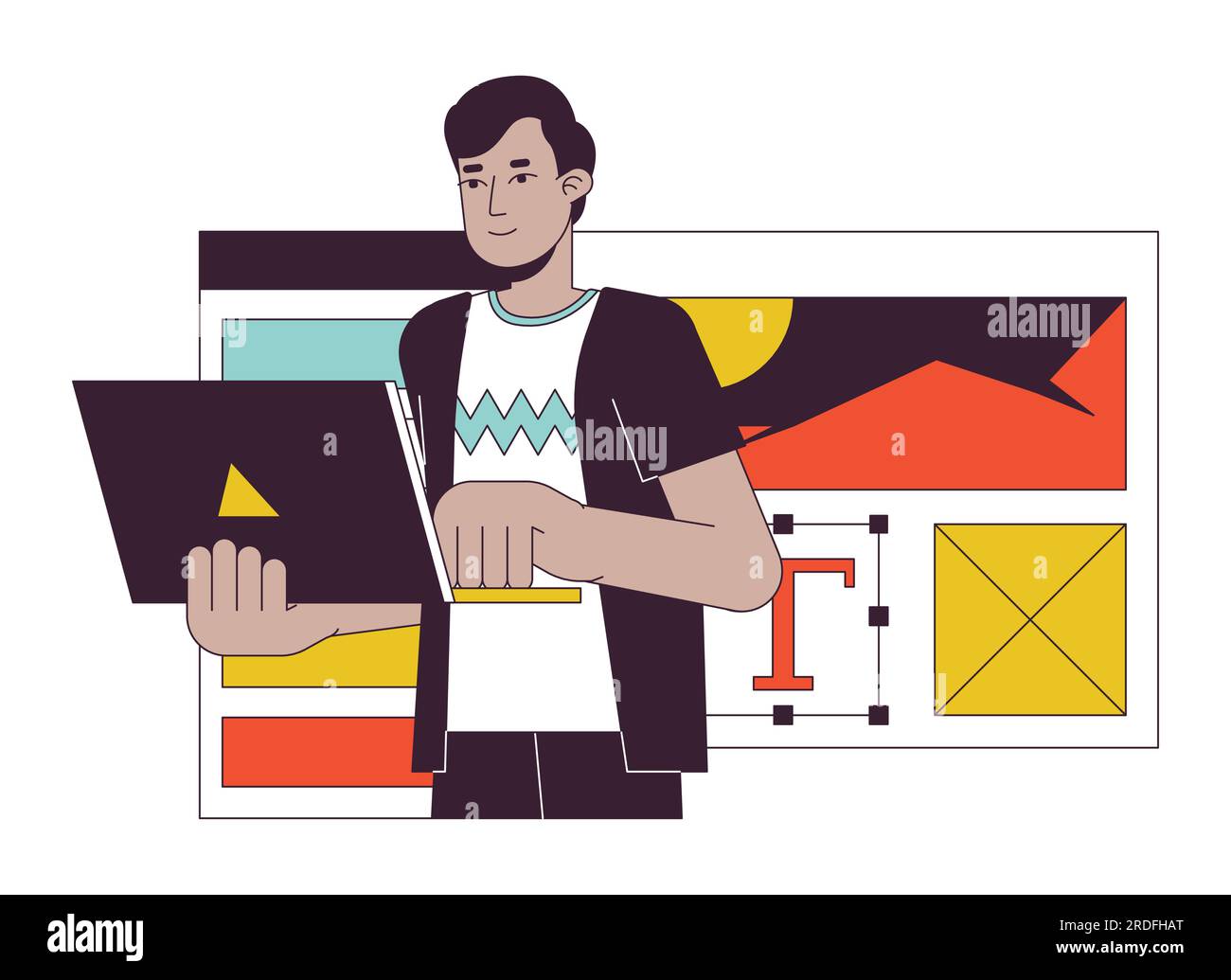 Indian man working on laptop flat line concept vector spot illustration ...