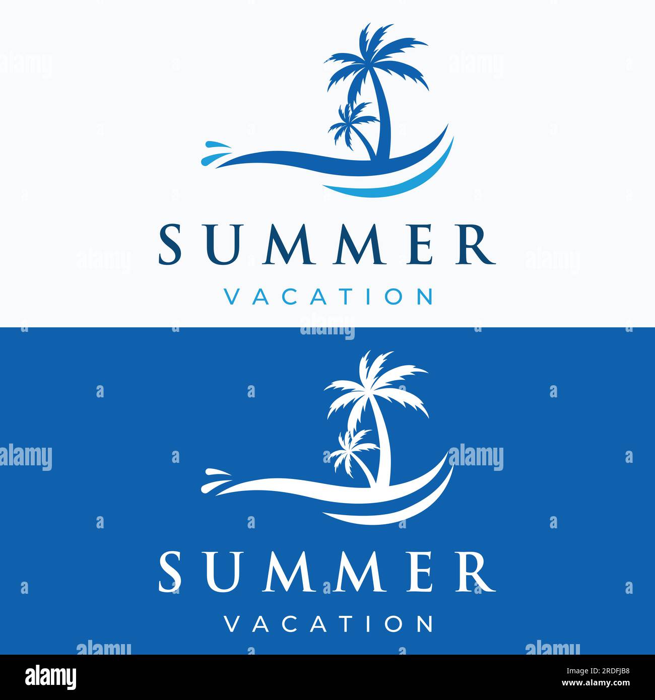 Summer vacation creative logo on the beach with symbols of waves, palm ...