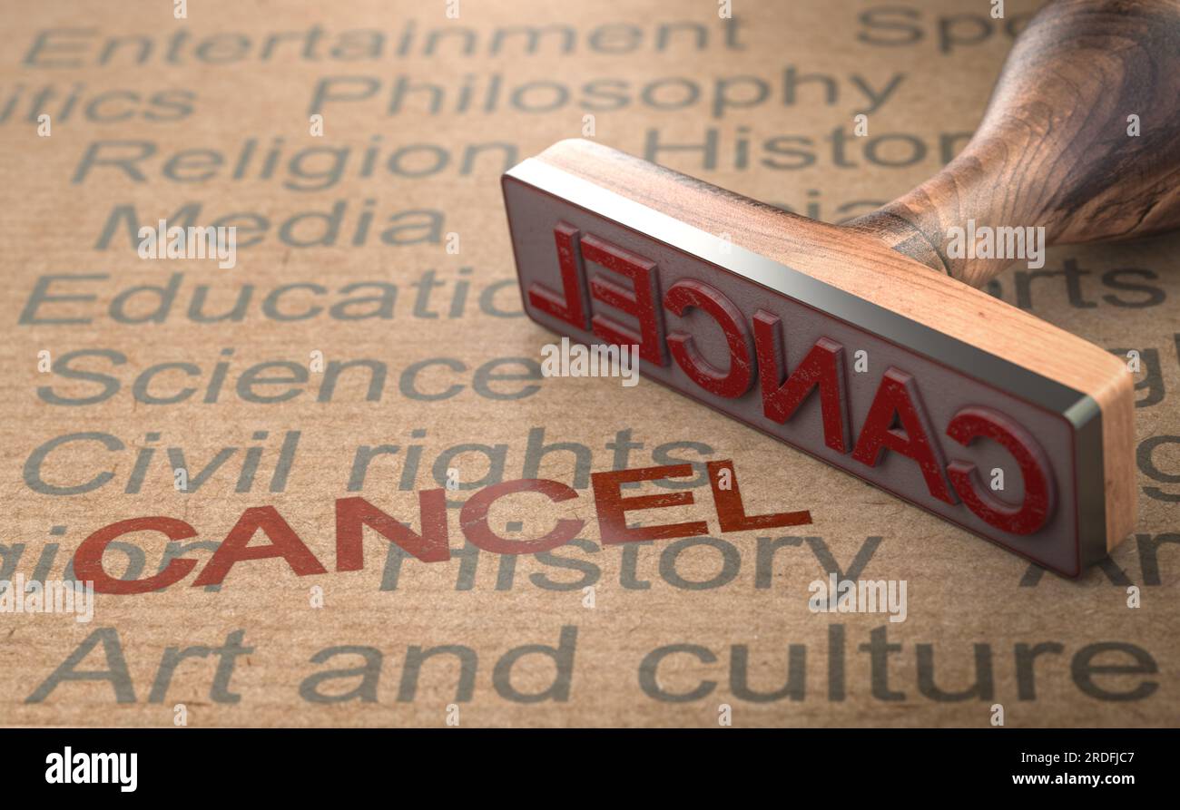 Rubber stamp over many words printed on a brown papaer. Cancel culture ...