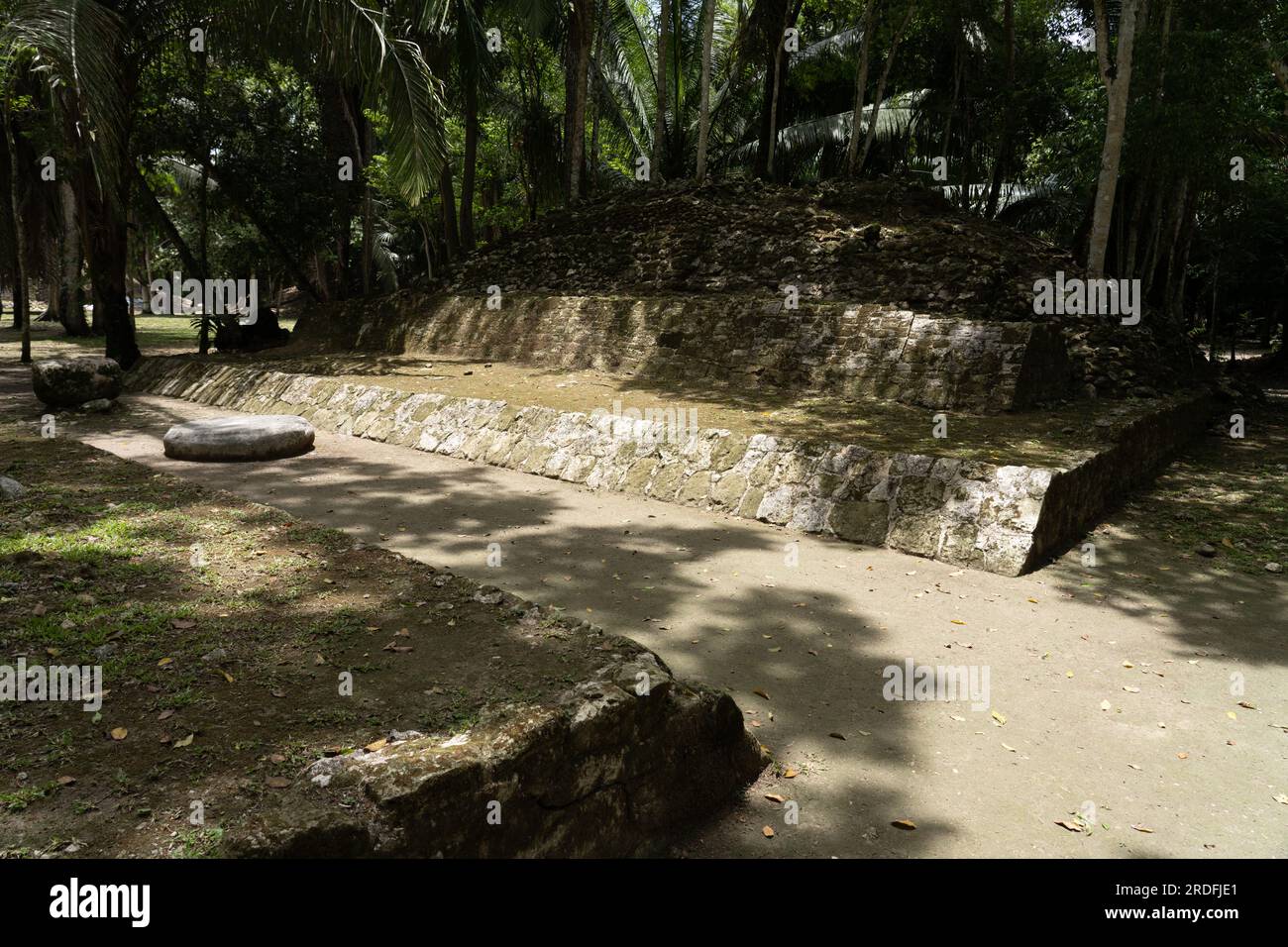 The ceremonial ball court in the ruins of the Mayan city in the Lamanai ...