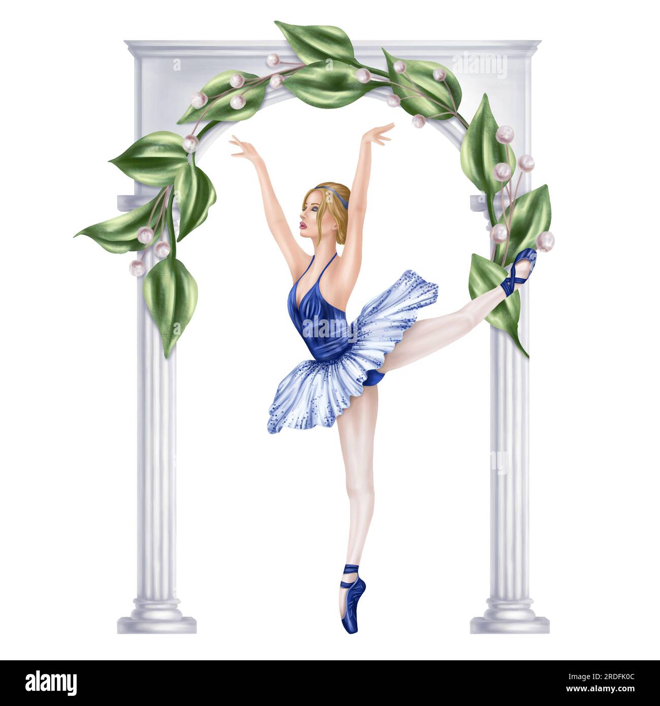 Dancing girl under a garden marble arch entwined with leaves and ...