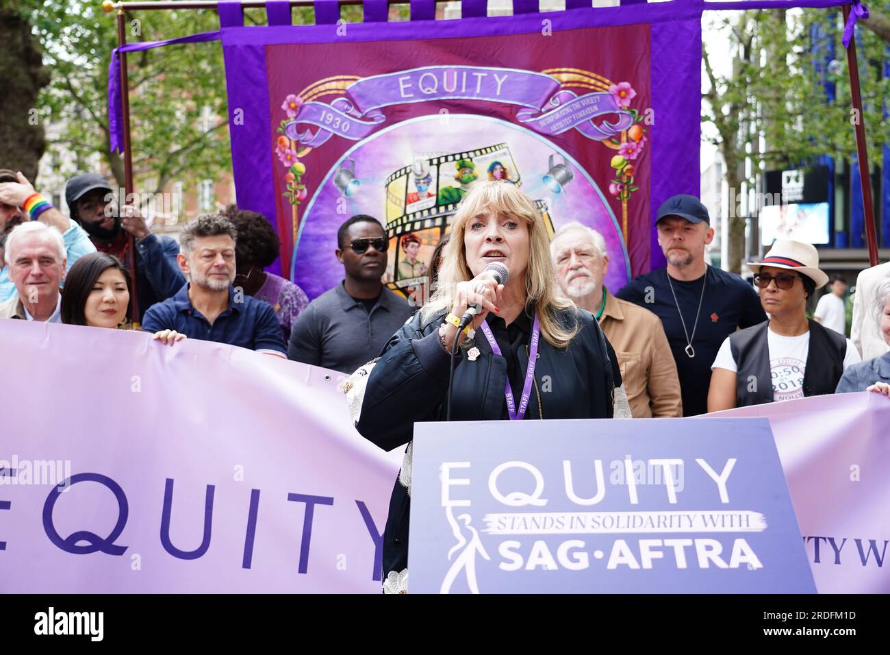 Lynda Rooke speaks during a protest by members of the British actors ...