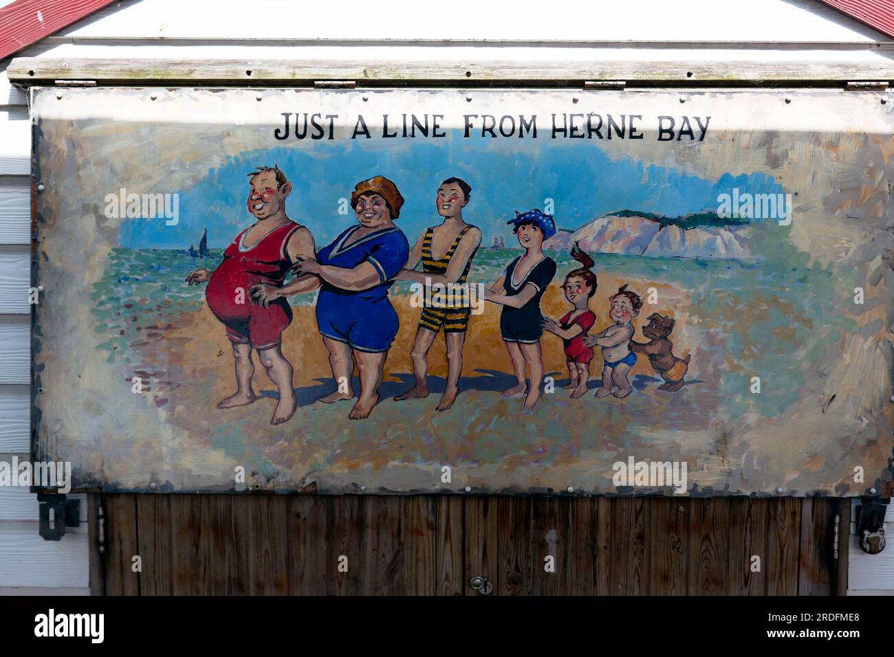 Traditional Seaside Postcard art, painted onto the side of a beech hut ...